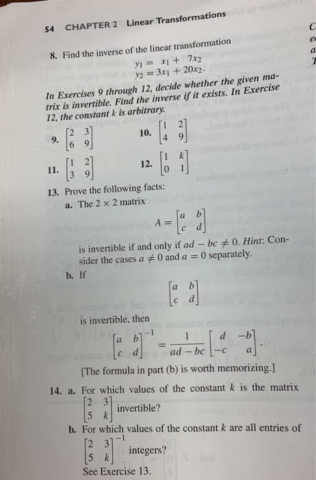 Solved 54 CHAPTER 2 Linear Transform a 8. Find the inverse | Chegg.com