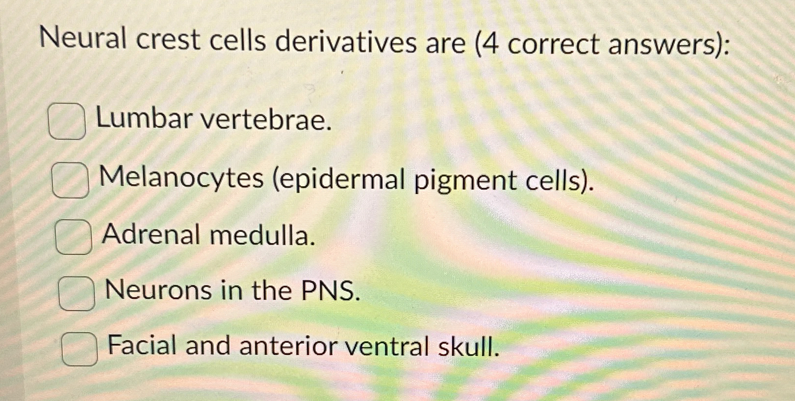 Solved Neural crest cells derivatives are (4 ﻿correct | Chegg.com