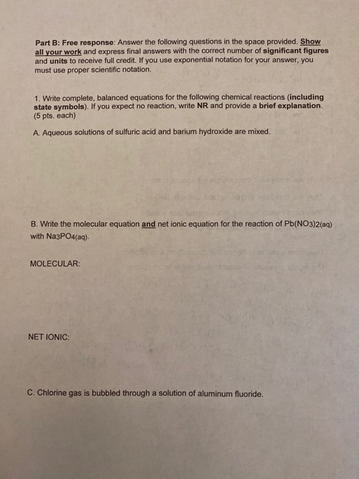 Solved Part B: Free response: Answer the following questions | Chegg.com