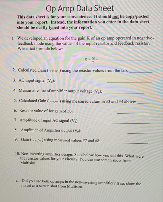 Op Amp Data Sheet This data sheet is for your | Chegg.com