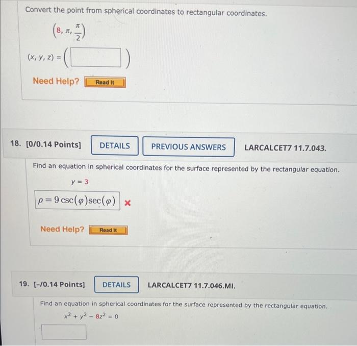 Solved Convert the point from spherical coordinates to | Chegg.com