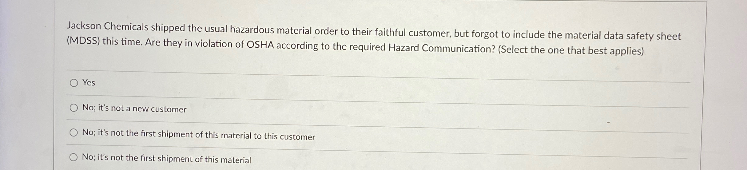 Solved Jackson Chemicals shipped the usual hazardous | Chegg.com