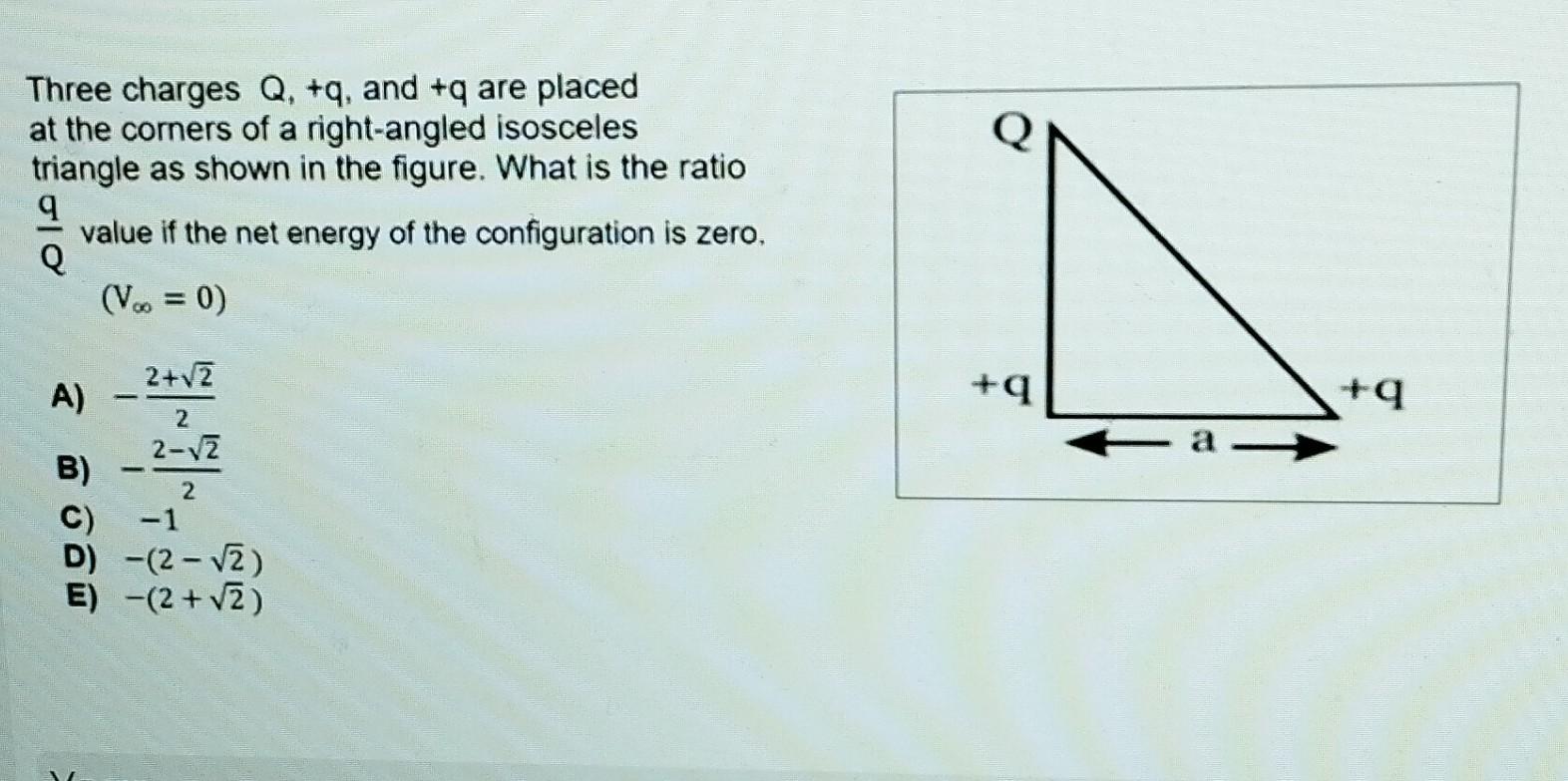 Solved Three charges Q,+q, and +q are placed at the corners | Chegg.com