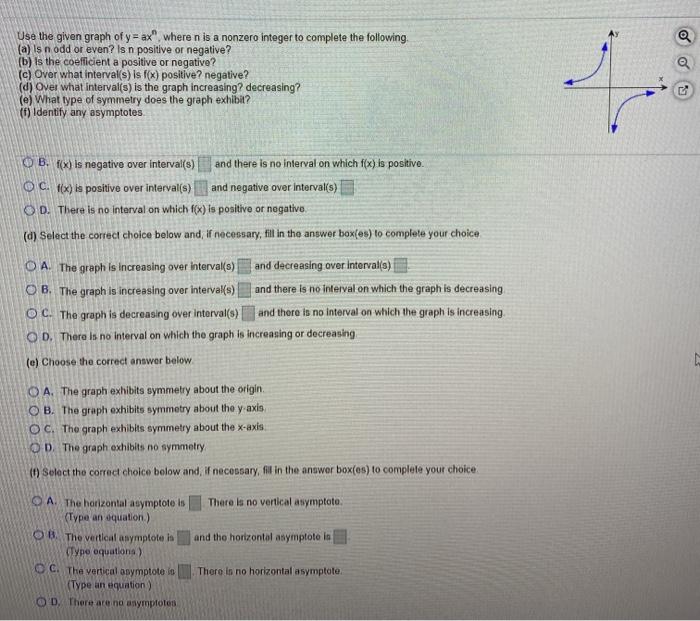 Solved o Use the given graph of y = ax" where n is a nonzero | Chegg.com