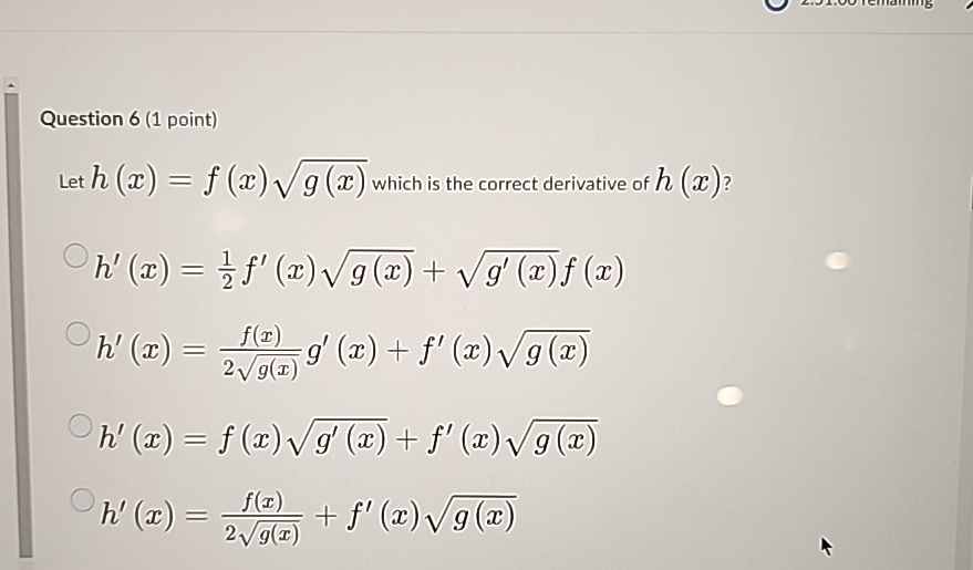 Solved Question 6 (1 ﻿point)Let h(x)=f(x)g(x)2 ﻿which is the | Chegg.com