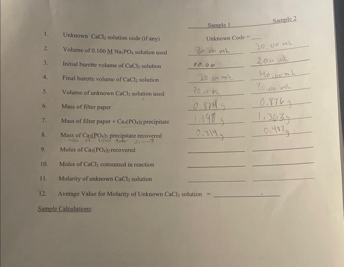 Solved Sample 1 1. Unknown CaCl2 solution code (if any) | Chegg.com