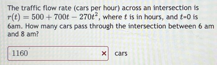 Solved The traffic flow rate (cars per hour) across an | Chegg.com