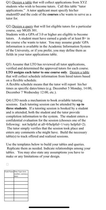 Q1) Design a table that will collect applications | Chegg.com