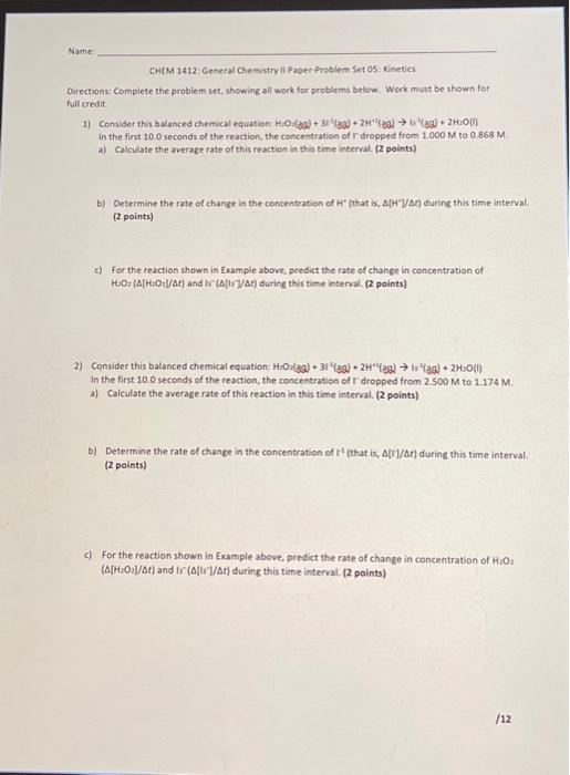 Solved Name: CHEM 1412: General Chemistry II Paper-Problem | Chegg.com