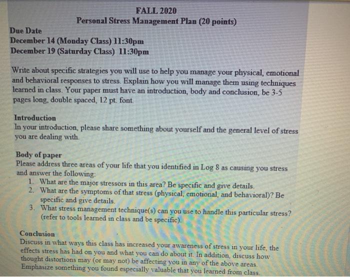 FALL 2020 Personal Stress Management Plan (20 points) | Chegg.com