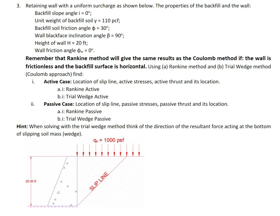 Solved 3. Retaining wall with a uniform surcharge as shown | Chegg.com