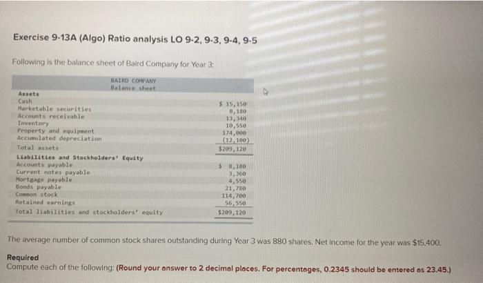 Solved Exercise 9-13A (Algo) Ratio analysis LO 9-2, 9-3, | Chegg.com