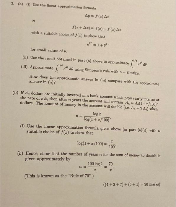 Solved 2. (a) (1) Use the linear approximation formula Ay = | Chegg.com