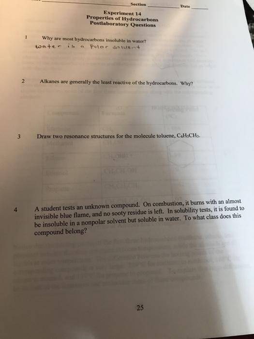 Solved Section Date Experiment 14 Properties of Hydrocarbons | Chegg.com