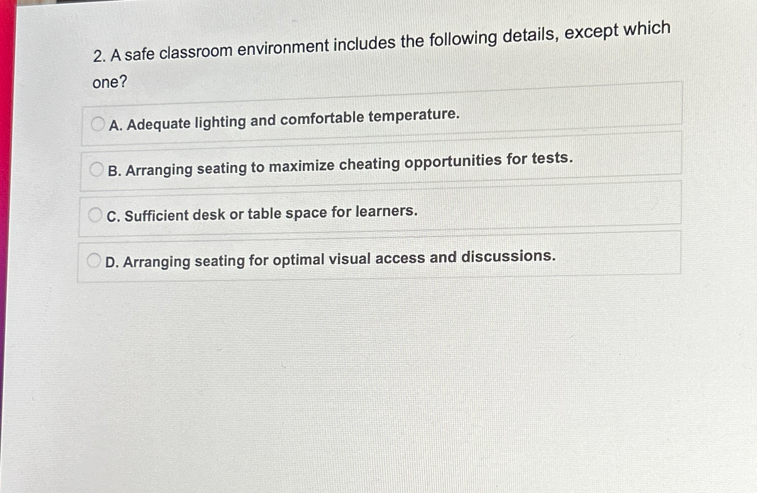Solved A safe classroom environment includes the following | Chegg.com