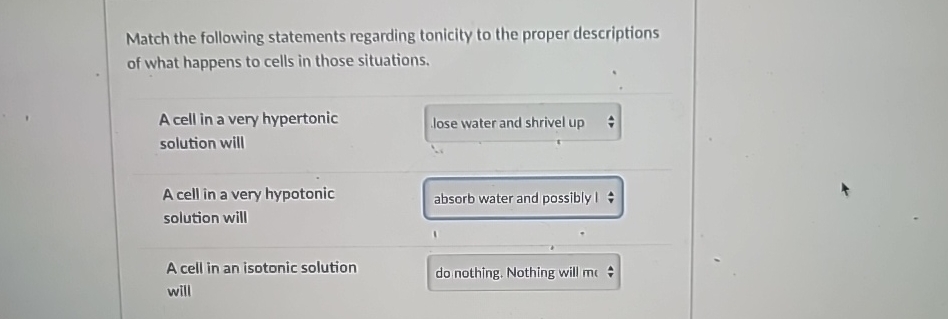 Solved Match the following statements regarding tonicity to | Chegg.com