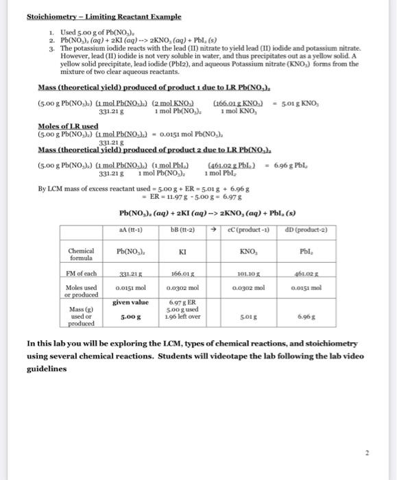 Lab-2-Chemical Reactions-Stoichiometry - Limiting | Chegg.com