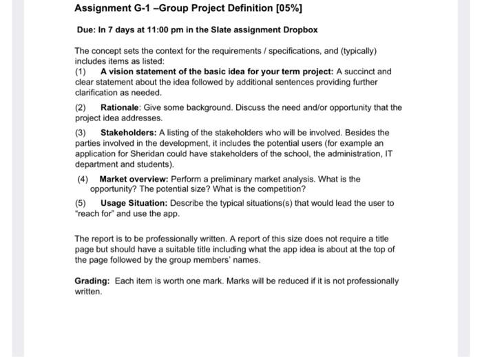 Solved Assignment G-1 -Group Project Definition [05%) Due: | Chegg.com