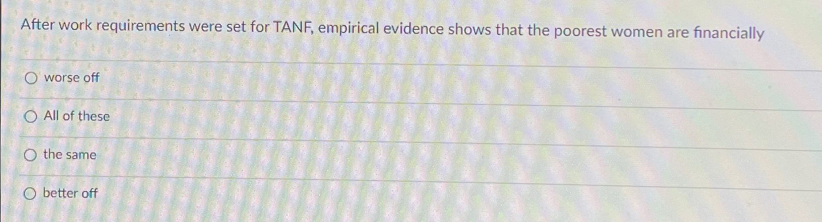 Solved After work requirements were set for TANF, empirical | Chegg.com