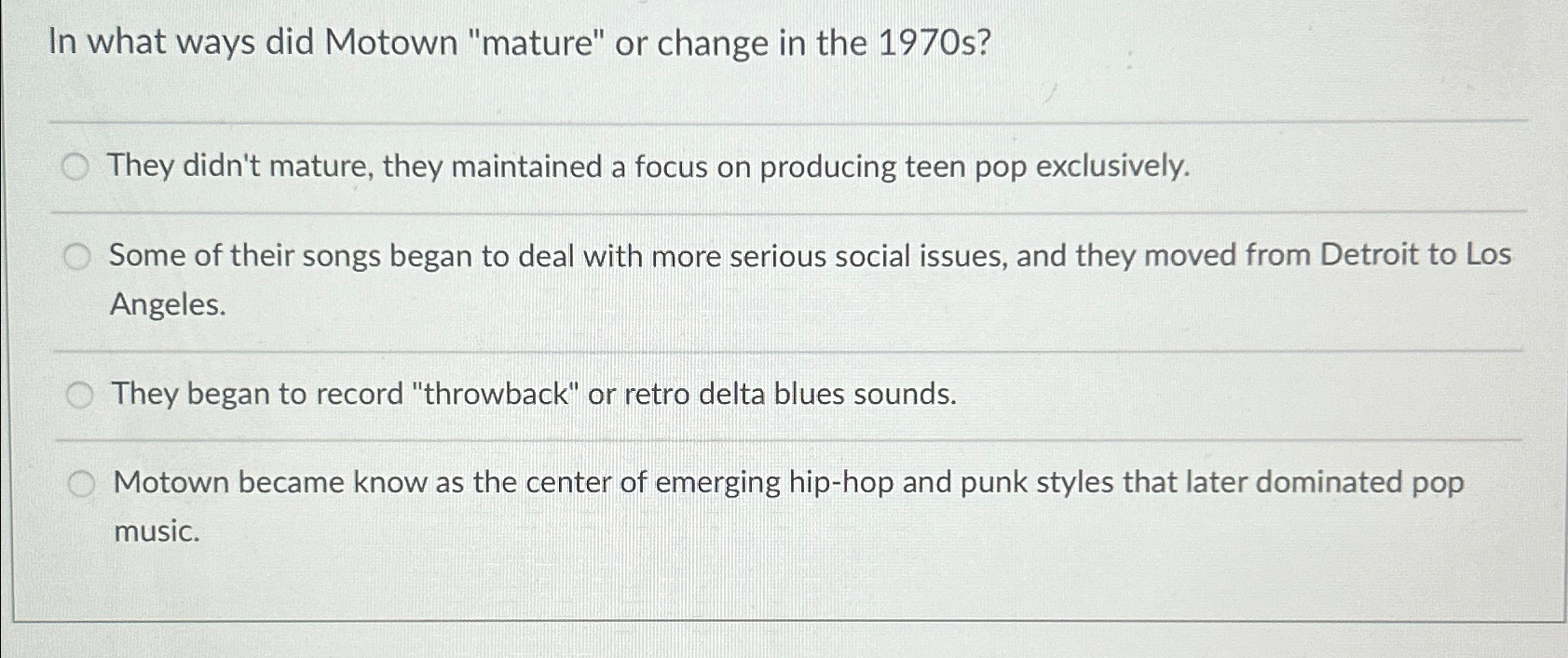 Solved In what ways did Motown "mature" or change in the | Chegg.com