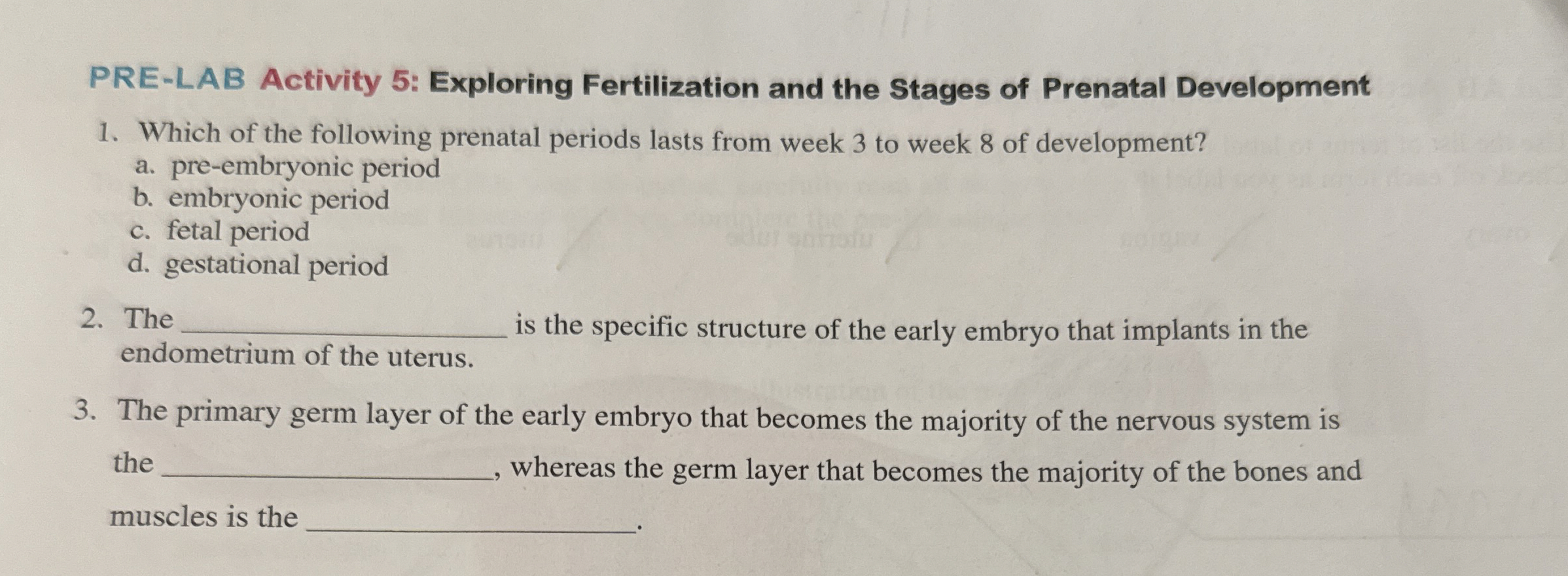 Solved PRE-LAB Activity 5: Exploring Fertilization and the | Chegg.com