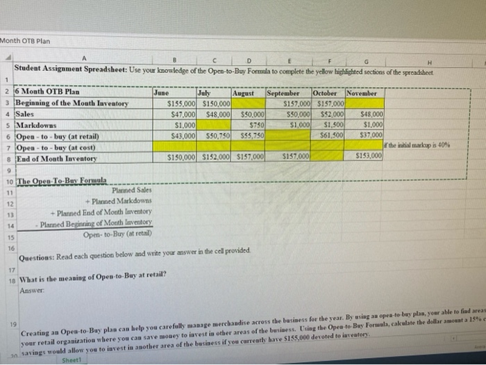Month OTB Plan H D E Student Assignment Spreadsheet: | Chegg.com