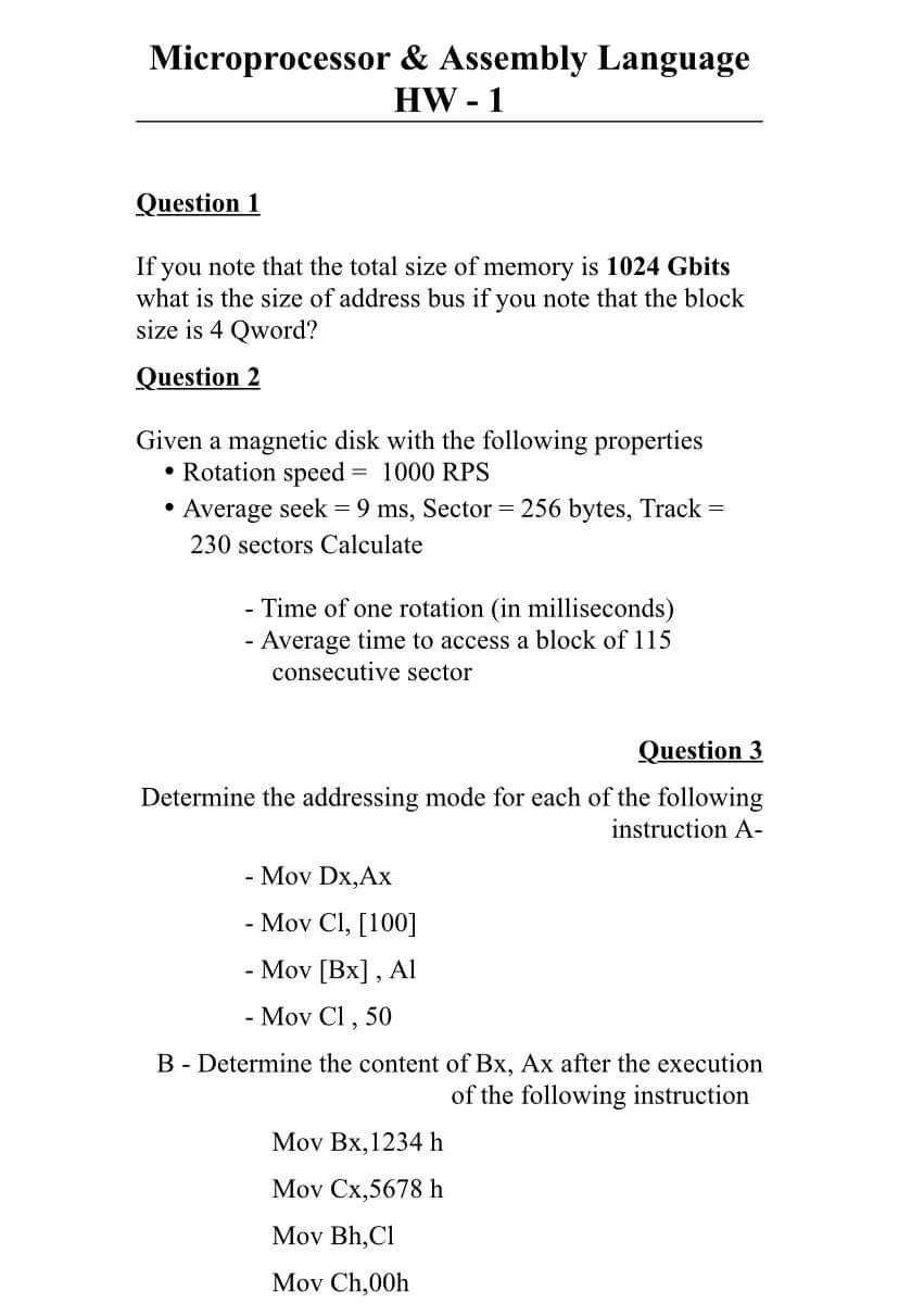 Solved Microprocessor & Assembly Language HW-1 Question 1 If | Chegg.com