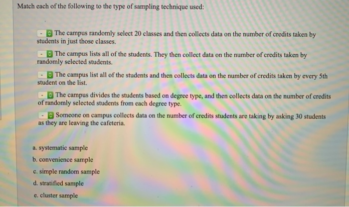 Solved Match each of the following to the type of sampling | Chegg.com