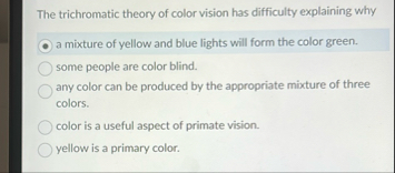 Solved The trichromatic theory of color vision has | Chegg.com