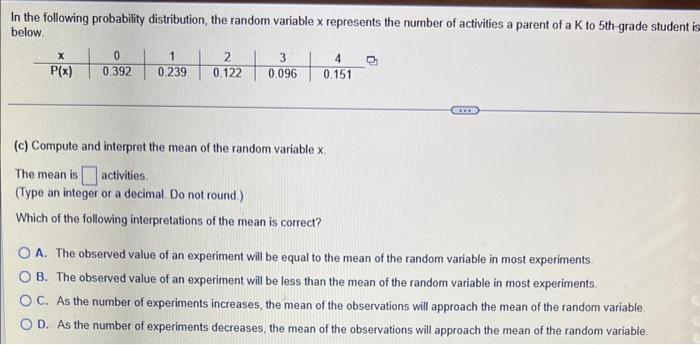 Solved In the following probability distribution, the random | Chegg.com