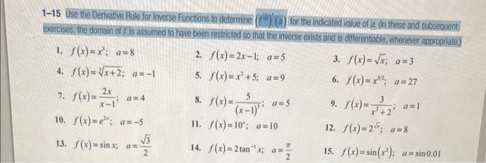 Solved 15 Use the Derivative Rule for Inverse Functions to | Chegg.com