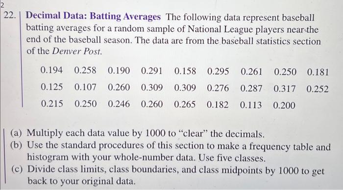 Solved 22. Decimal Data: Batting Averages The following data | Chegg.com