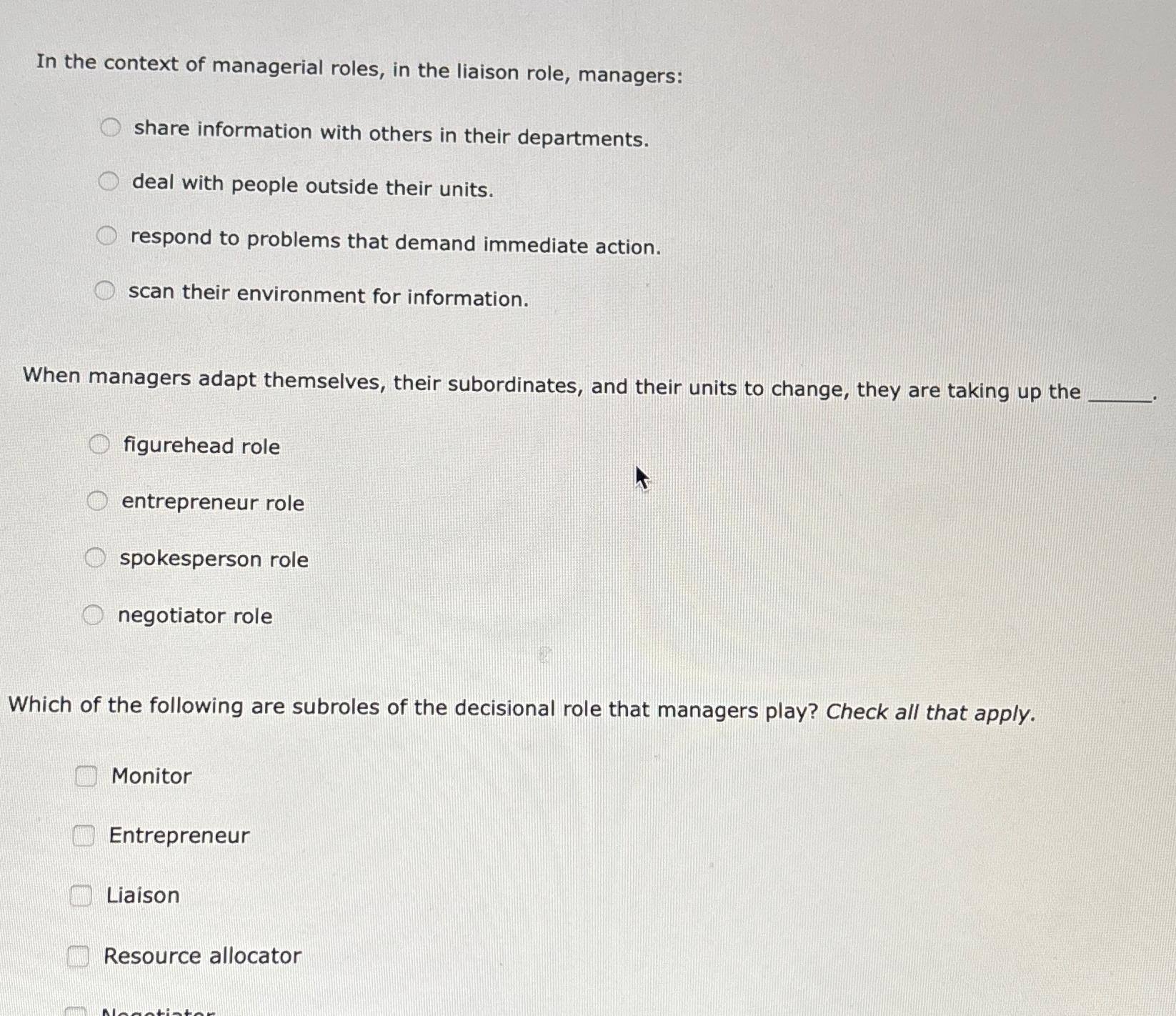 Solved In the context of managerial roles, in the liaison | Chegg.com