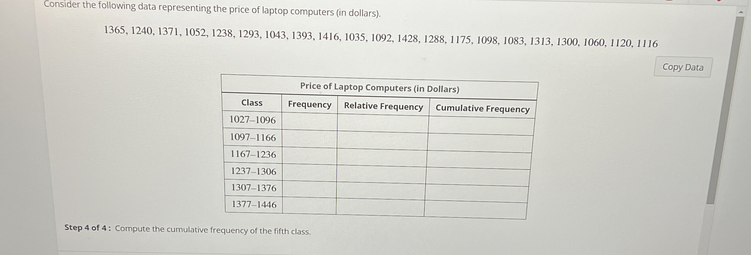 Solved Consider the following data representing the price of | Chegg.com