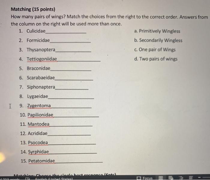 Solved Matching (15 points) How many pairs of wings? Match | Chegg.com