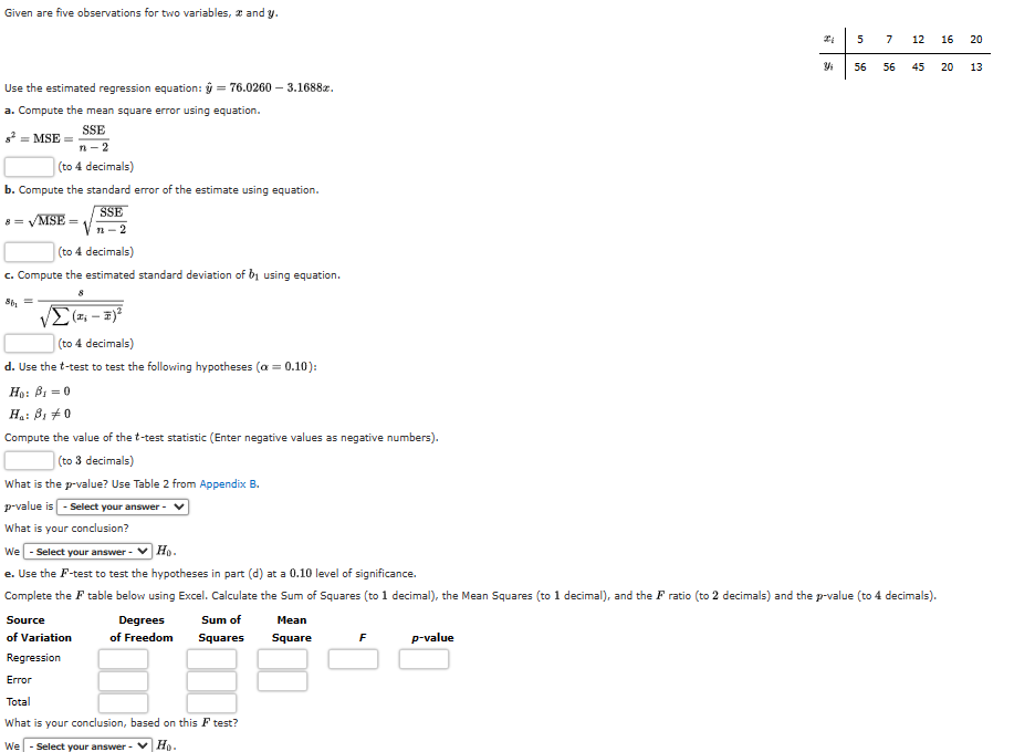 Solved Given are five observations for two variables, x ﻿and | Chegg.com