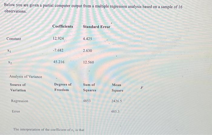 Solved Below you are given a partial computer output from a | Chegg.com