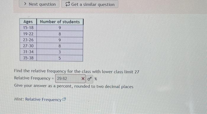 Solved Find the relative frequency for the class with lower | Chegg.com