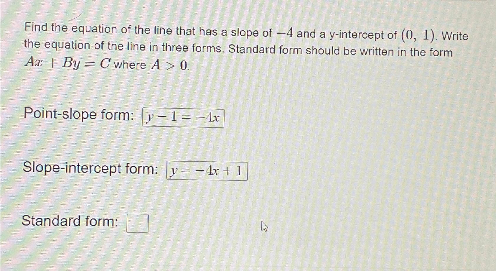 Solved Find the equation of the line that has a slope of -4 | Chegg.com