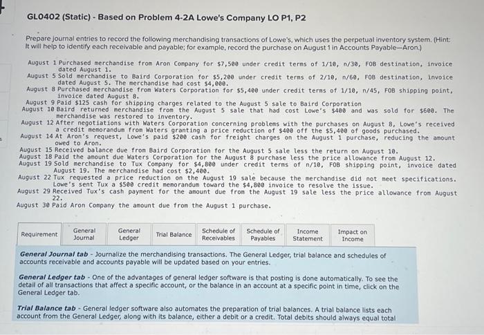 Solved GL0402 (Static) - Based on Problem 4-2A Lowe's | Chegg.com