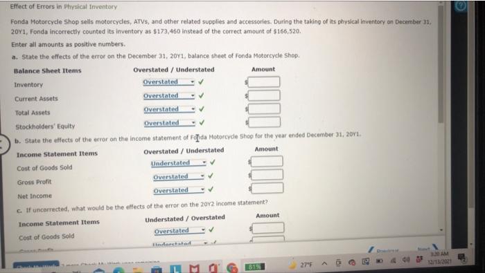 Solved Effect of Errors in Physical Inventory Fonda | Chegg.com