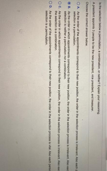 Solved Is the selection below a permutation, a combination, | Chegg.com