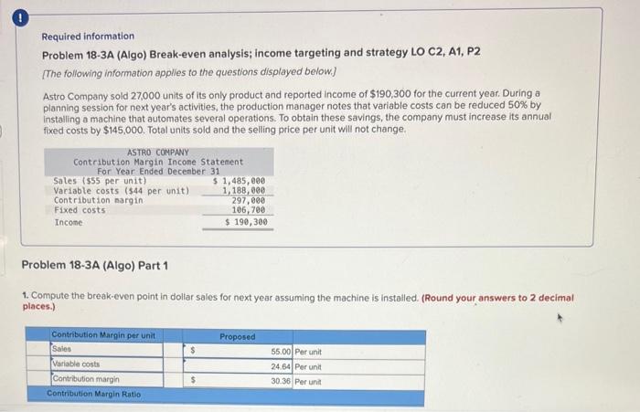 Solved Required information Problem 18-3A (Algo) Break-even | Chegg.com