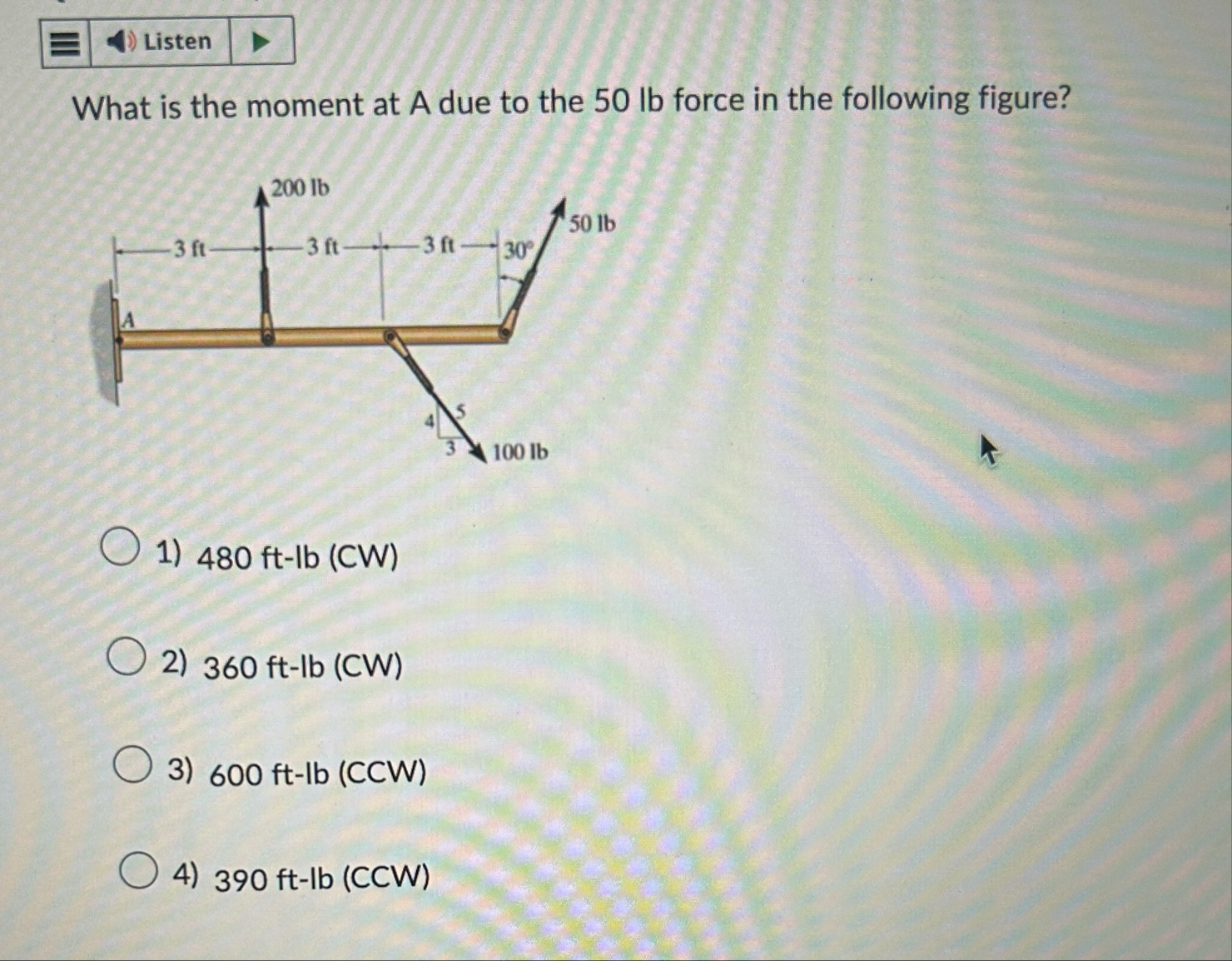 Solved What is the moment at A due to the 50 ﻿lb force in | Chegg.com