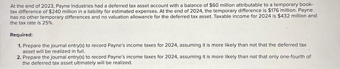 Solved At the end of 2023 , Payne Industries had a deferred | Chegg.com