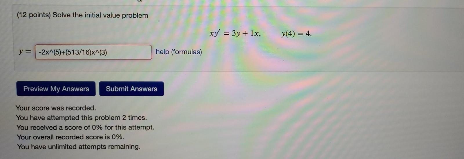 Solved (12 points) Solve the initial value problem xy' = 3y | Chegg.com