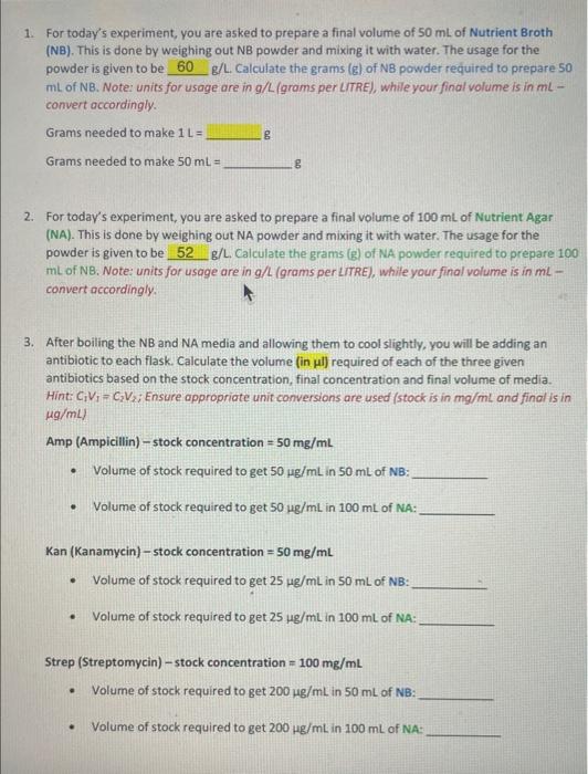Solved 1. For today's experiment, you are asked to prepare a | Chegg.com