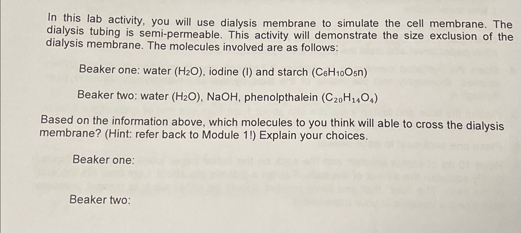 Solved In this lab activity, you will use dialysis membrane | Chegg.com
