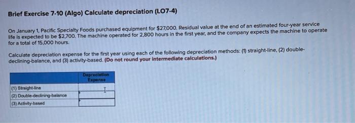 Solved Brief Exercise 7-10 (Algo) Calculate depreciation | Chegg.com Solved Brief Exercise 7-10 (Algo) Calculate depreciation | Chegg.com