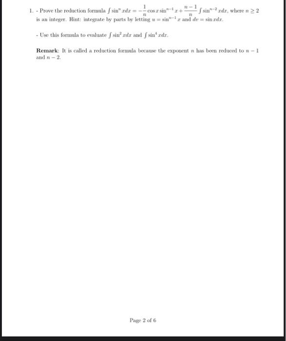 Solved 1. - Prove the reduction formula | Chegg.com